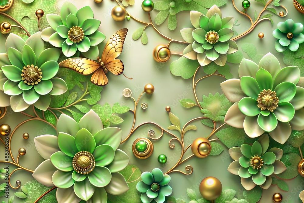 3d wallpaper abstract floral background with green flowers and golden ...