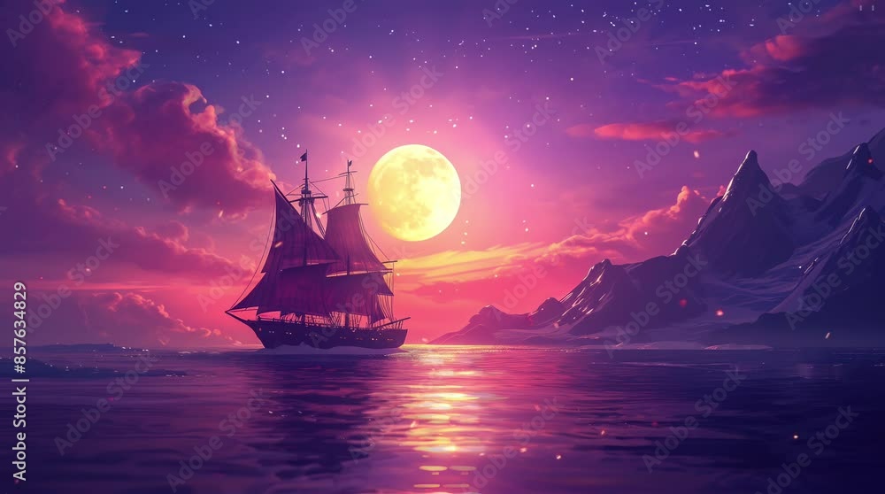 Galleon on ocean under glowing sky and full moon Seamless looping 4k ...