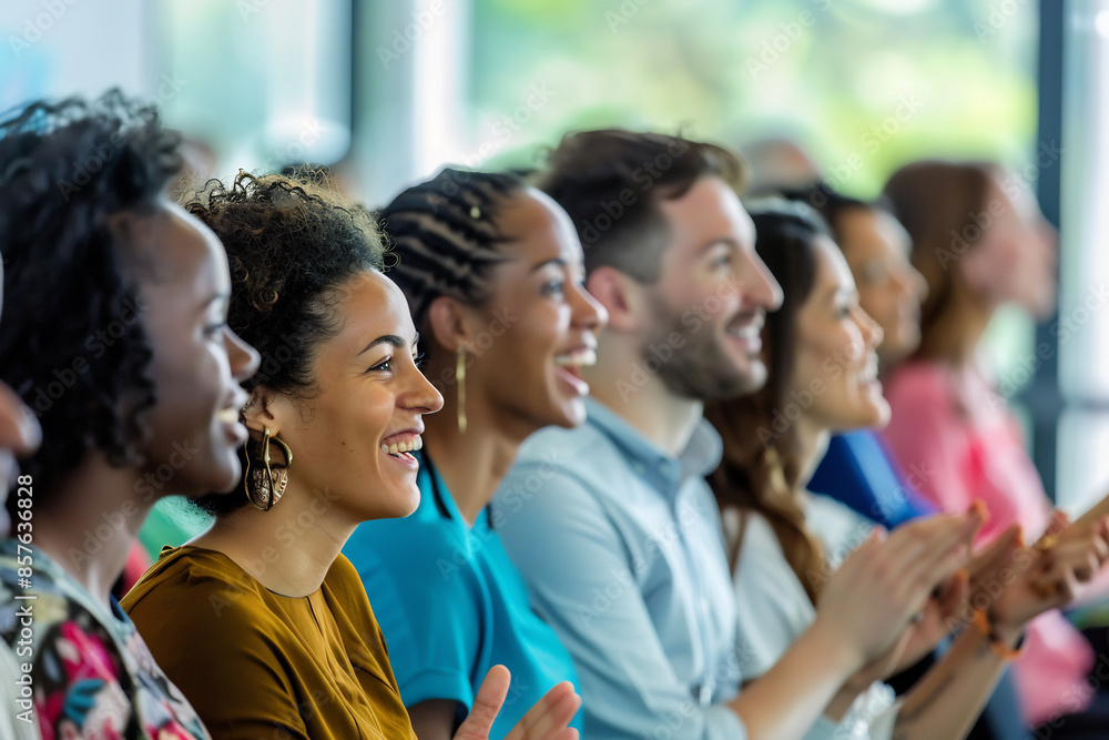 Side view of a diverse audience clapping and smiling during a ...