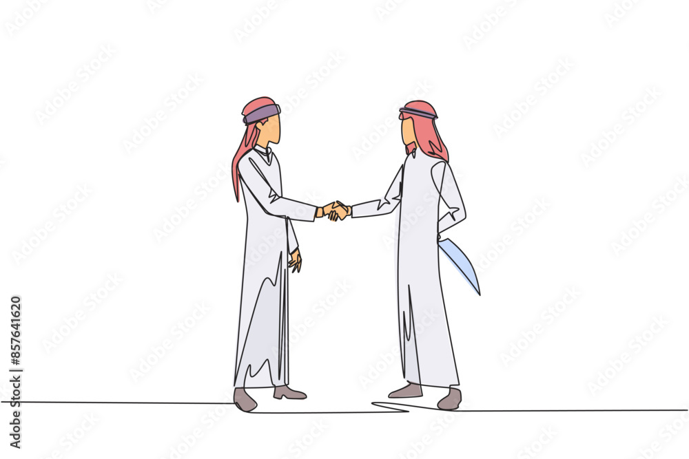 Continuous one line drawing two Arab businessmen shaking hands. One of ...