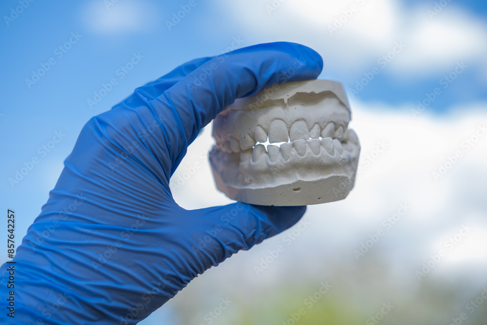 White plaster impression of the dental jaw of a patient with crooked ...