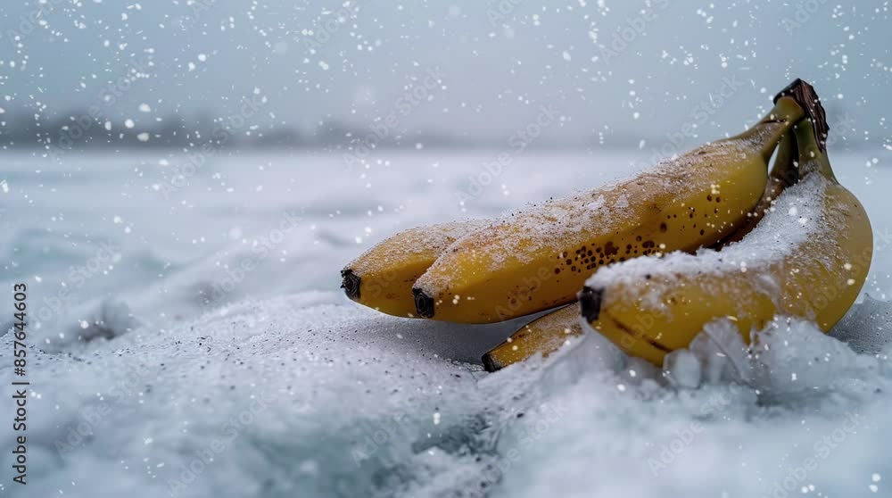 Fresh bananas resting on a pristine snow surface, tropical fruit meets ...