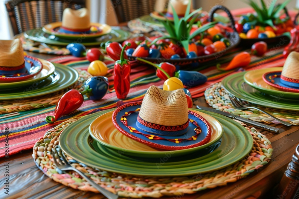 Fiesta-themed table setting with colorful plates, sombrero napkin rings ...