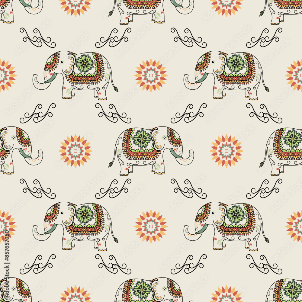 Elephant seamless pattern. Ethnic elephant with ornate border ...