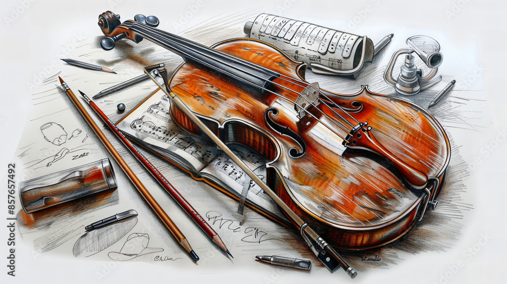 The realistic sketch of musical instrument violin on the music note ...