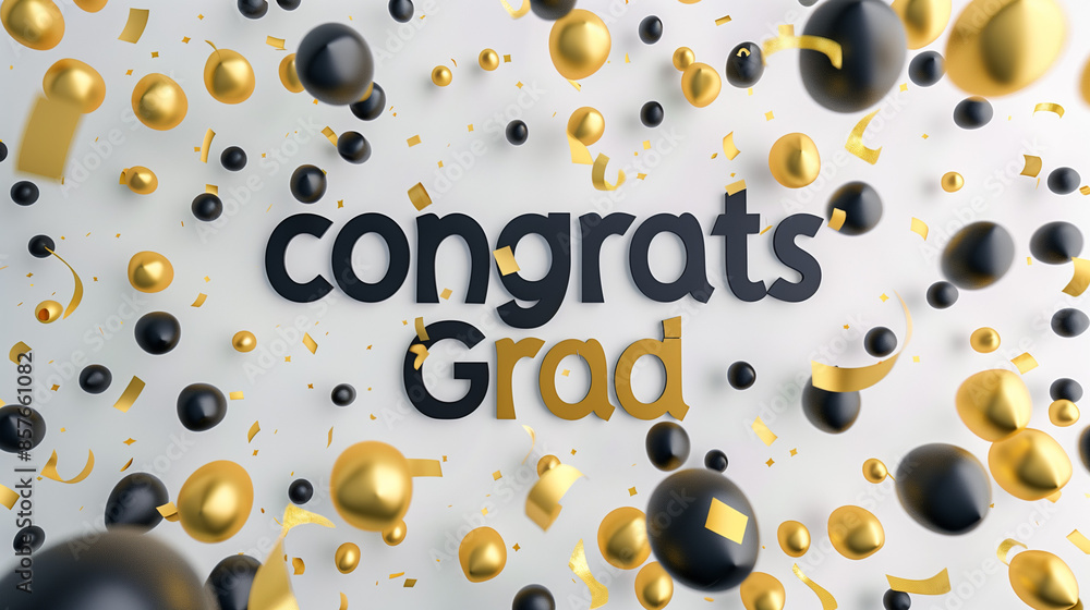 Congrats Grad Graduation Celebration Black and Gold 3D Text White ...