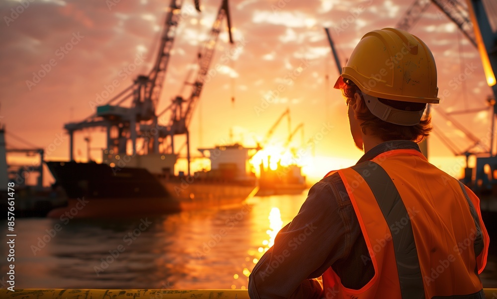 Cinematic Shot of Construction Worker in Orange Safety Vest and Yellow ...