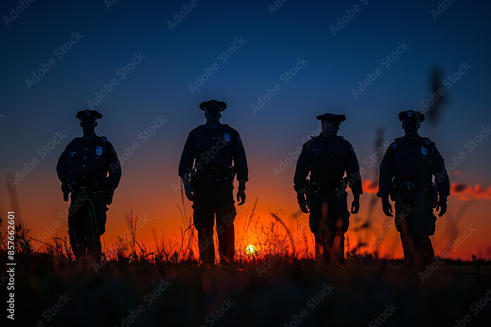 Silhouette of police officers at sunset, representing dedication ...