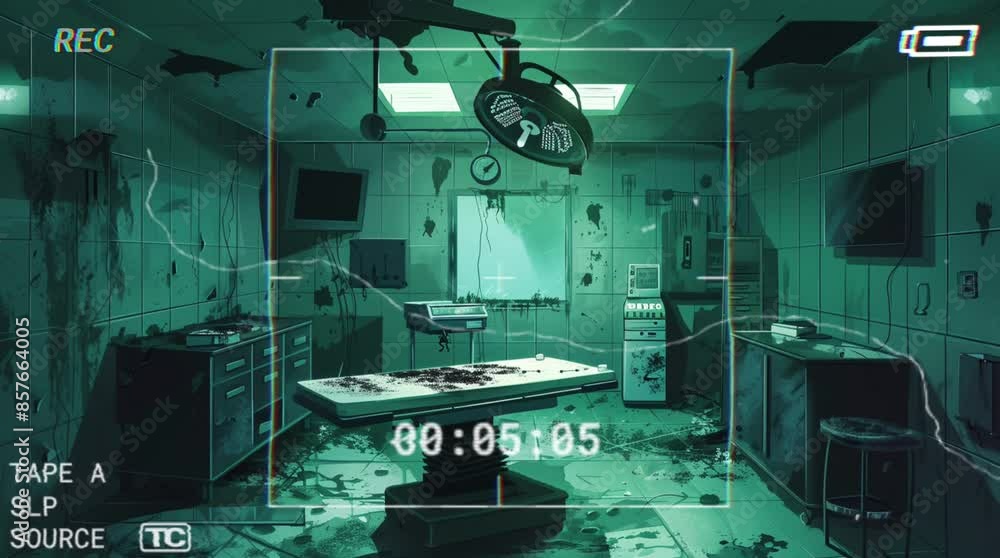digital illustration of abandoned operating room in hospital with ...