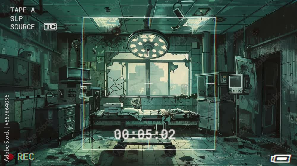 digital illustration of abandoned operating room in hospital with ...