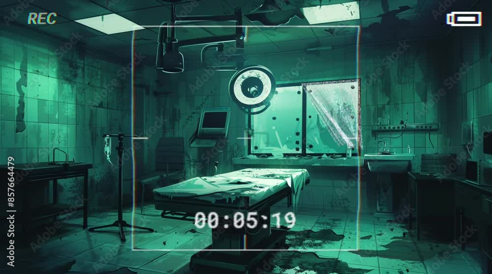 digital illustration of abandoned operating room in hospital with ...