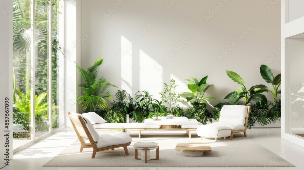 A modern and biophilic living room design featuring a white canvas ...