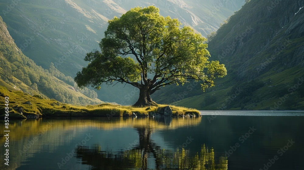 One big tree in the middle around the lake. The concept of ecology ...