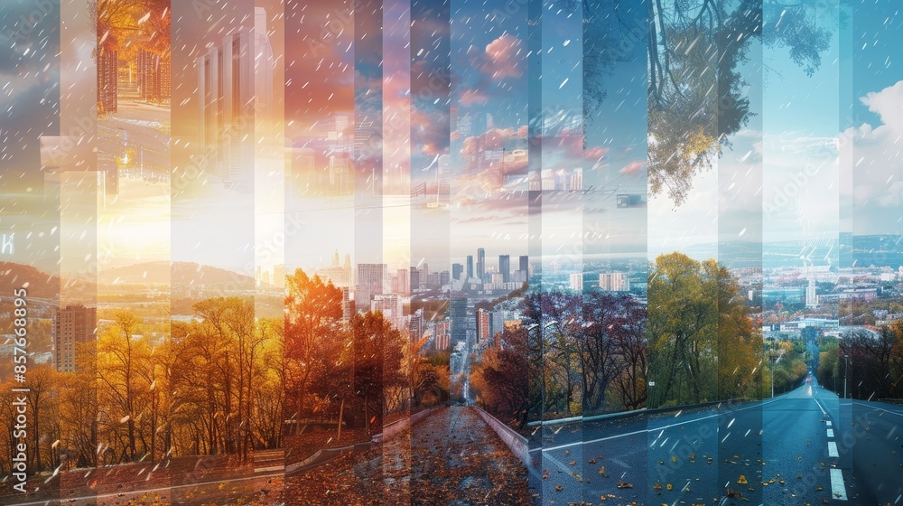 Collage of time and weather transitions from first person view, seasons ...