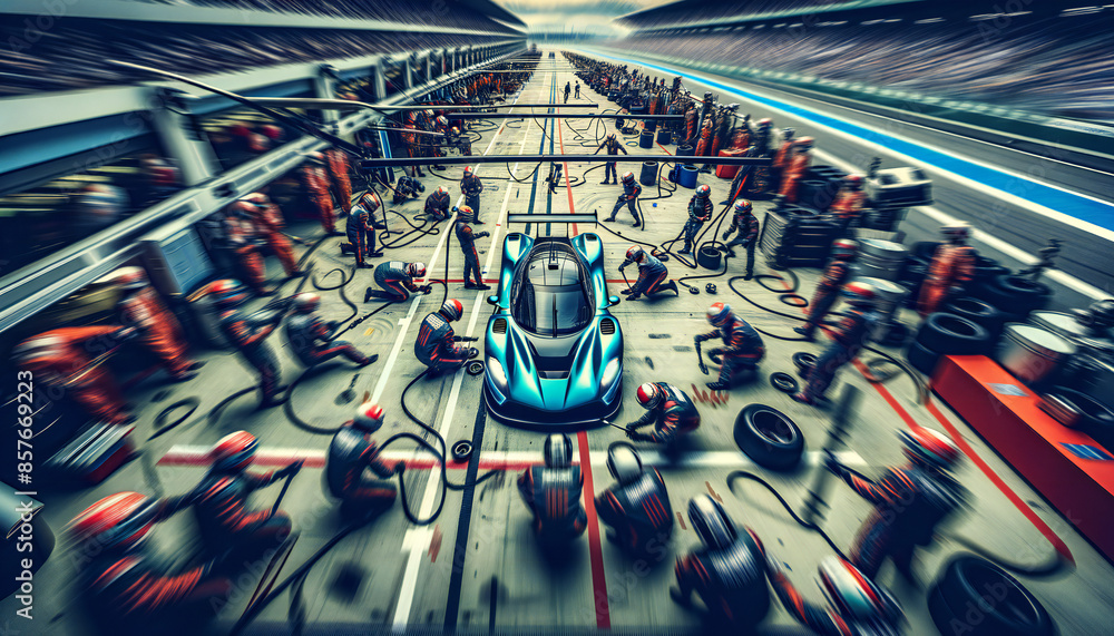 Professional pit crew in action with team race car arrives in the pit ...