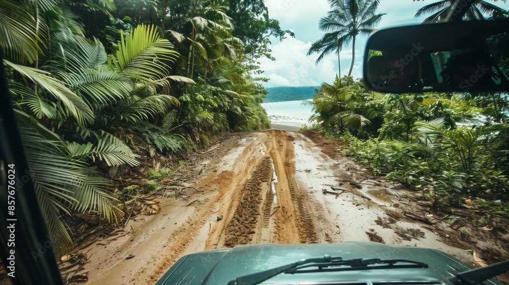 POV from inside a 4x4 pickup, traversing a sandy path in the lush ...