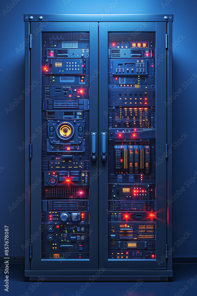Photorealistic Front View of an Illuminated Server Rack in a Data ...