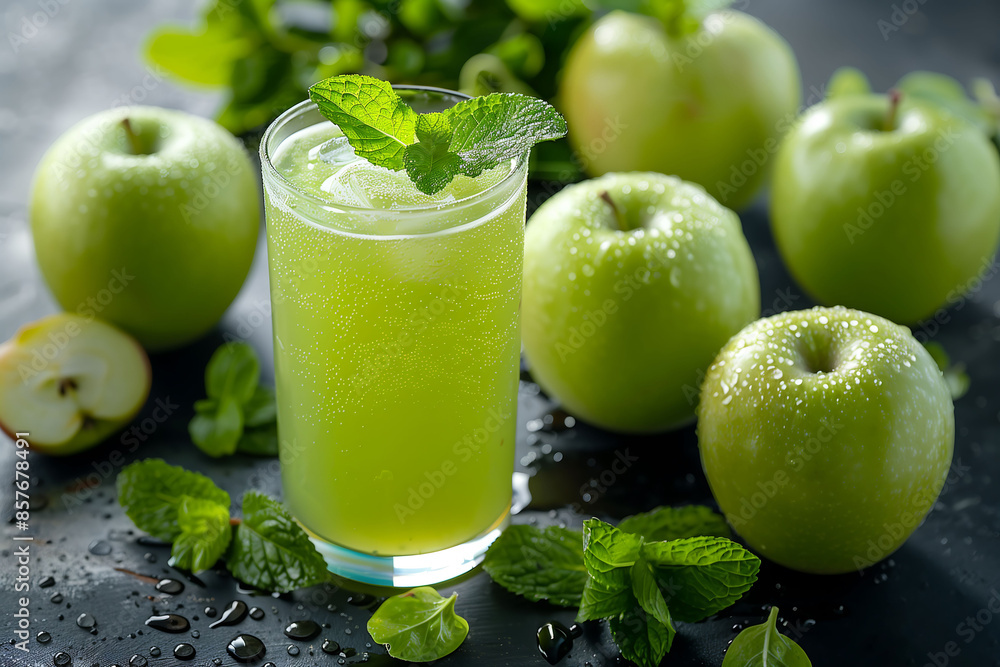 A refreshing green apple juice in a clear glass. The vibrant green ...