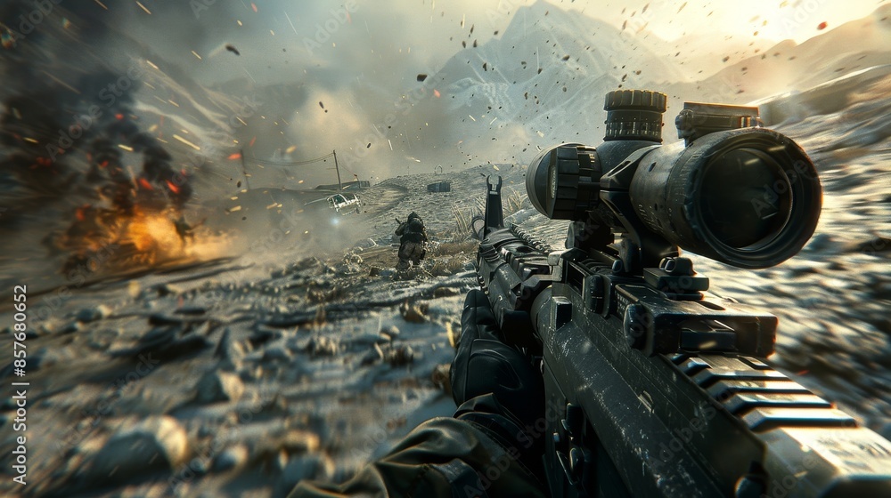 Intense battlefield from a first-person shooter perspective, soldiers ...