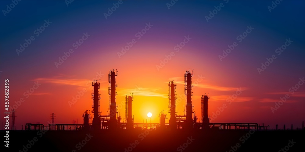 Sunrise illuminating industrial gas pipelines in a modern refinery ...