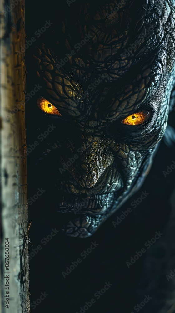 Creepy monster with glowing yellow eyes lurks in the shadows, perfect ...