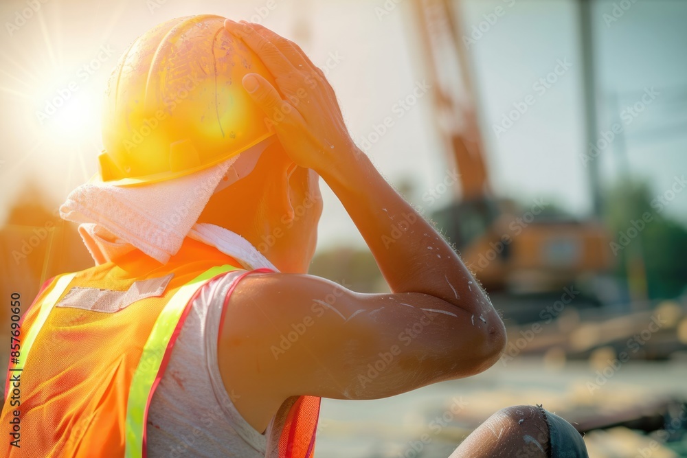 Heat wave, construction workers in hot weather,hot weather shines a ...
