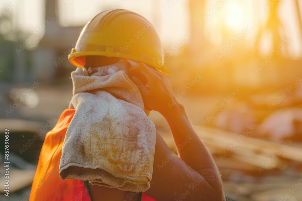 Heat wave, construction workers in hot weather,hot weather shines a ...