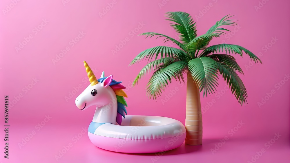 Cute unicorn float and palm tree on pink background for summer vacation ...