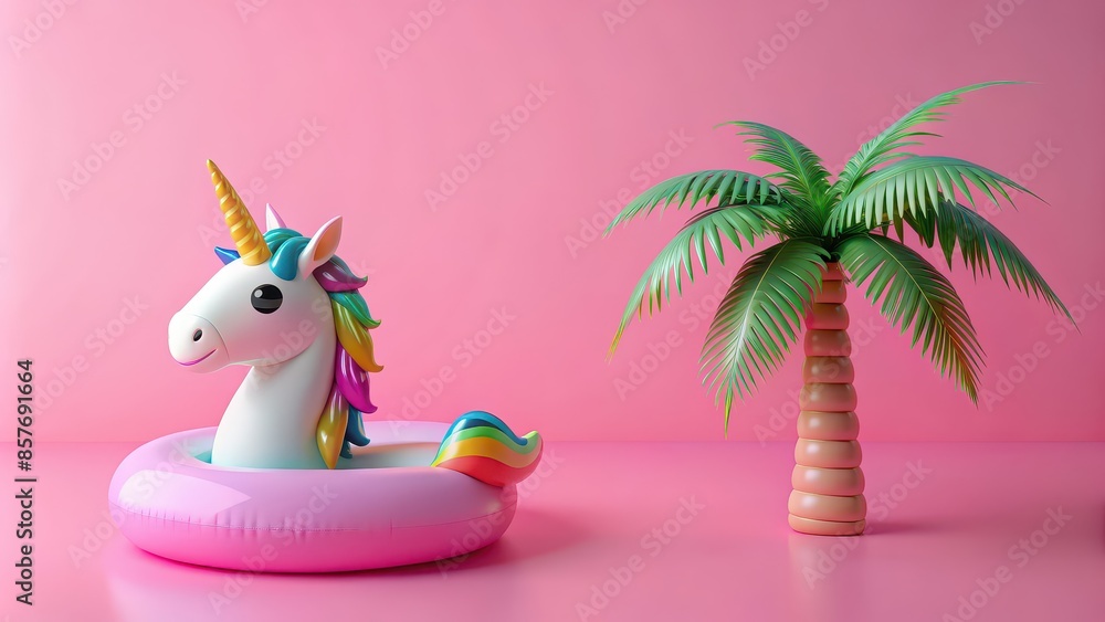Cute unicorn float and palm tree on pink background for summer vacation ...