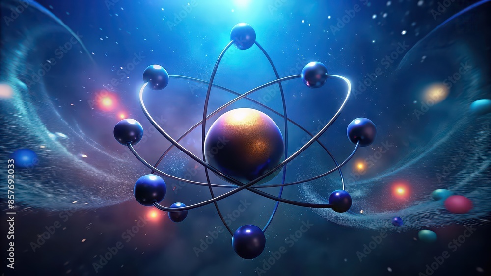 Enlarged model of atom with protons in nucleus on abstract background ...