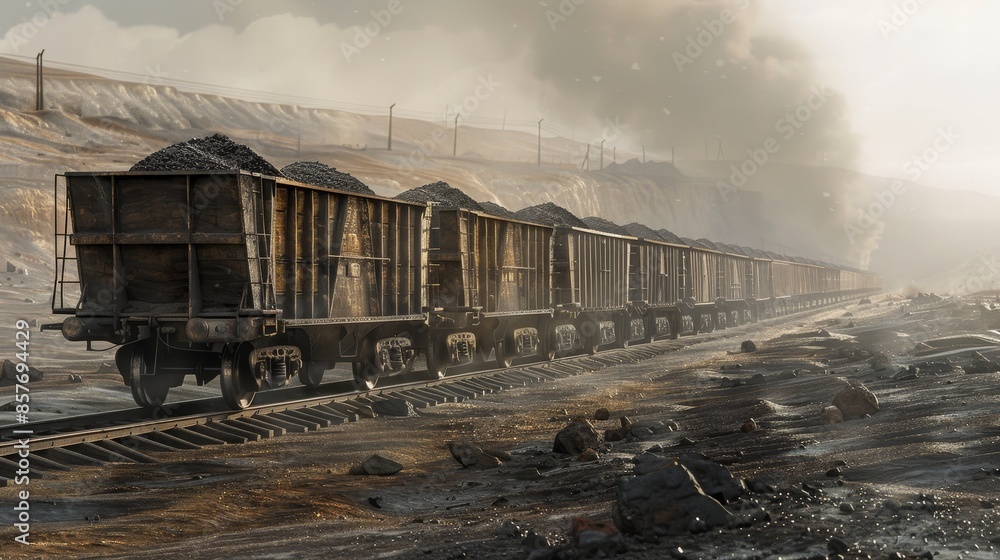 Railway wagons filled with coal, transporting mined ore through a dusty ...