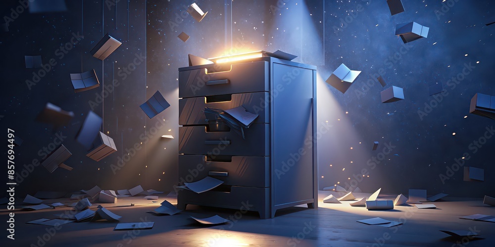 Minimalist file cabinet overflowing with papers, chaos, clutter ...