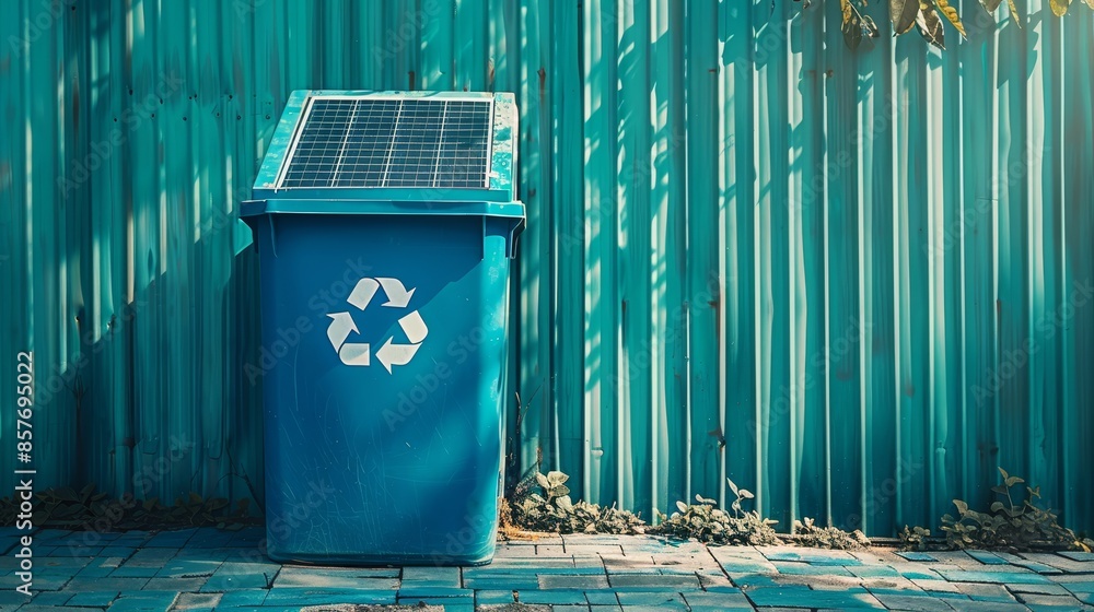 Public garbage bin with a solar panel on top, isolated on a vibrant ...