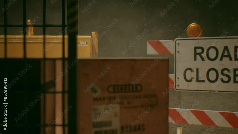 Construction site elements with road closed sign and dust particles, 3D ...