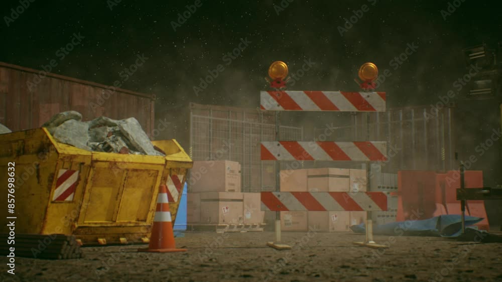 Construction site elements with road closed sign and dust particles, 3D ...