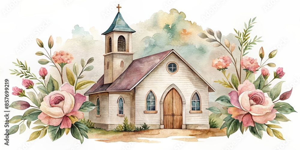 Antique church with watercolor flower clipart on white background ...