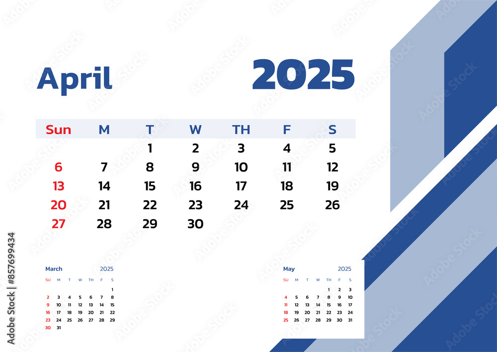 April 2025 Calendar. Week start on Sunday. Desk calendar 2025 design ...