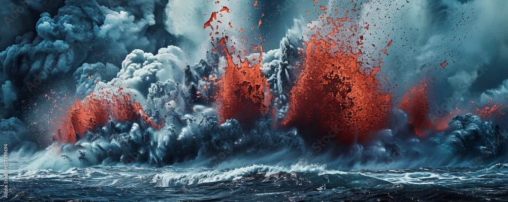 Lava meets ocean in vibrant red and black, releasing explosive steam ...