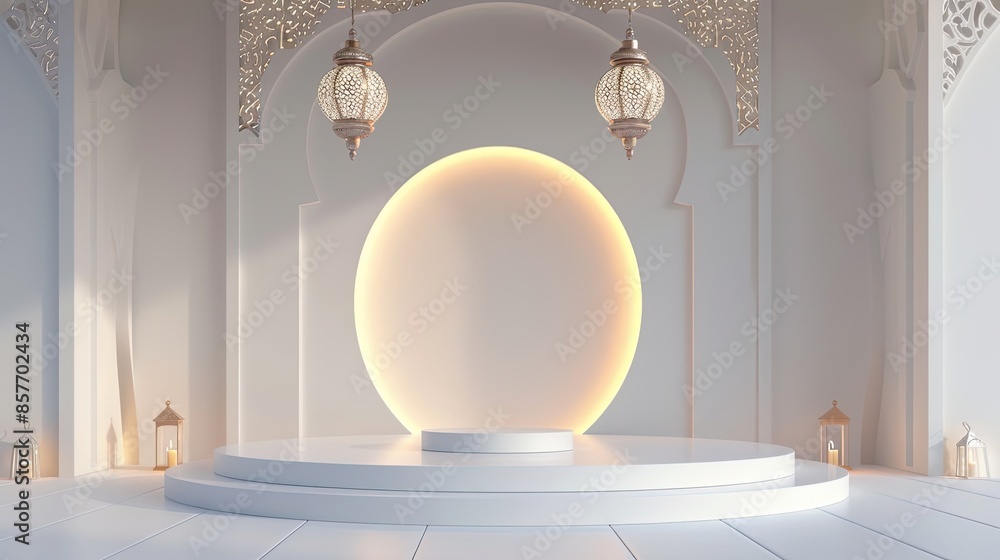 islamic background, white stage podium with arched lights and lanterns ...
