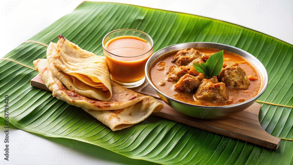 Roti canai and mutton curry served on banana leaf with teh tarik ...