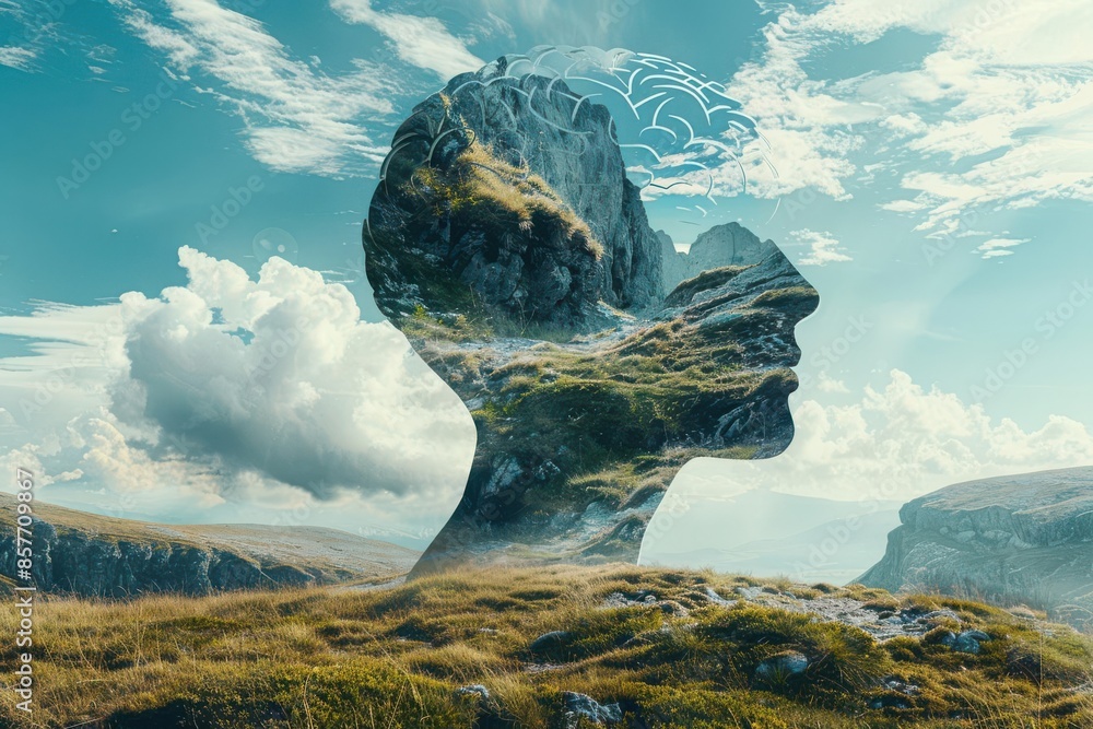 Head with a brain-like landscape, symbolizing intellectual terrain and ...