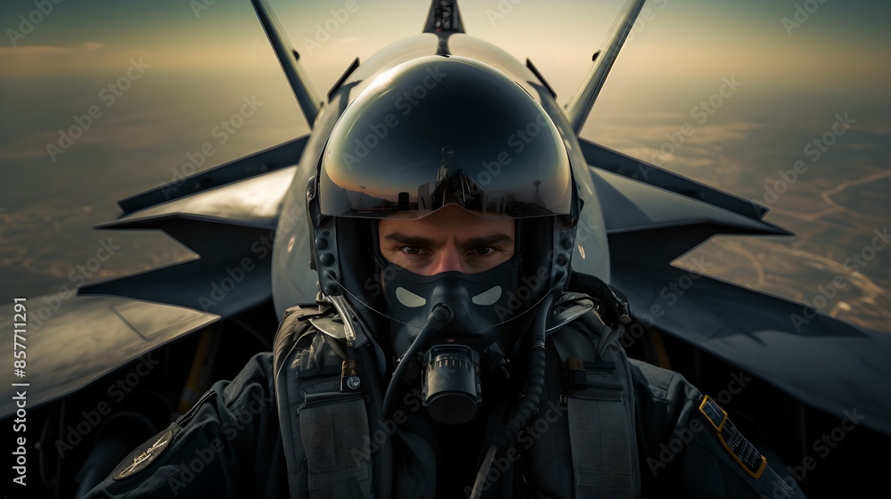Fighter pilot in a cockpit wearing a helmet and oxygen mask, flying an ...