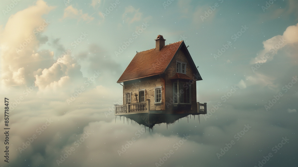 Fantasy floating house with cloudy background, Surreal dream world ...