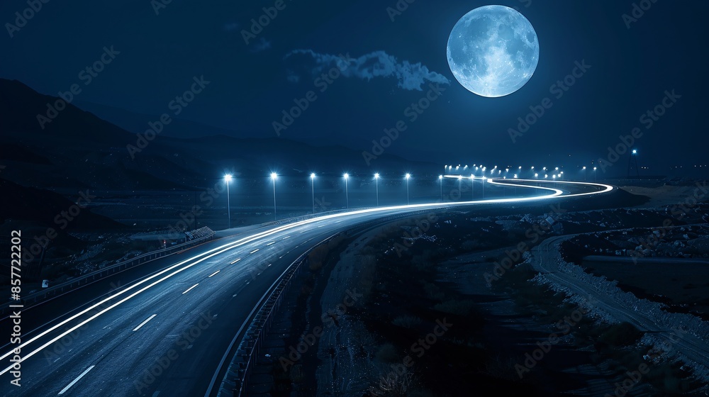 A winding highway under a full moon, with the road illuminated by ...