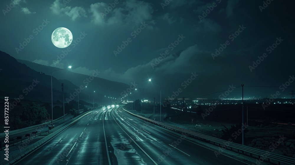 Dark highway scene at night with the moon providing soft illumination ...