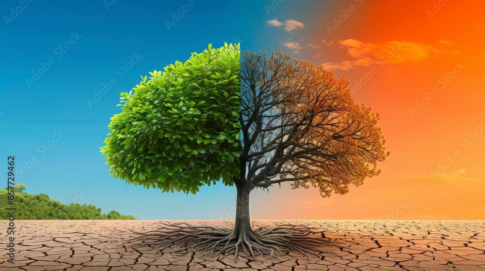 Climate Change Global Warming A single tree divided into two ...