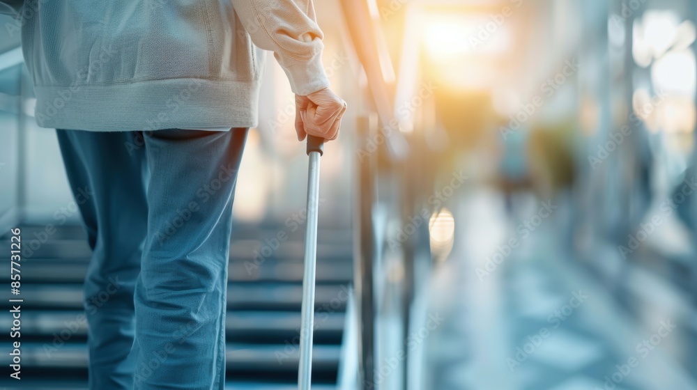 Senior person with a cane walking up stairs, indoor setting, supportive ...