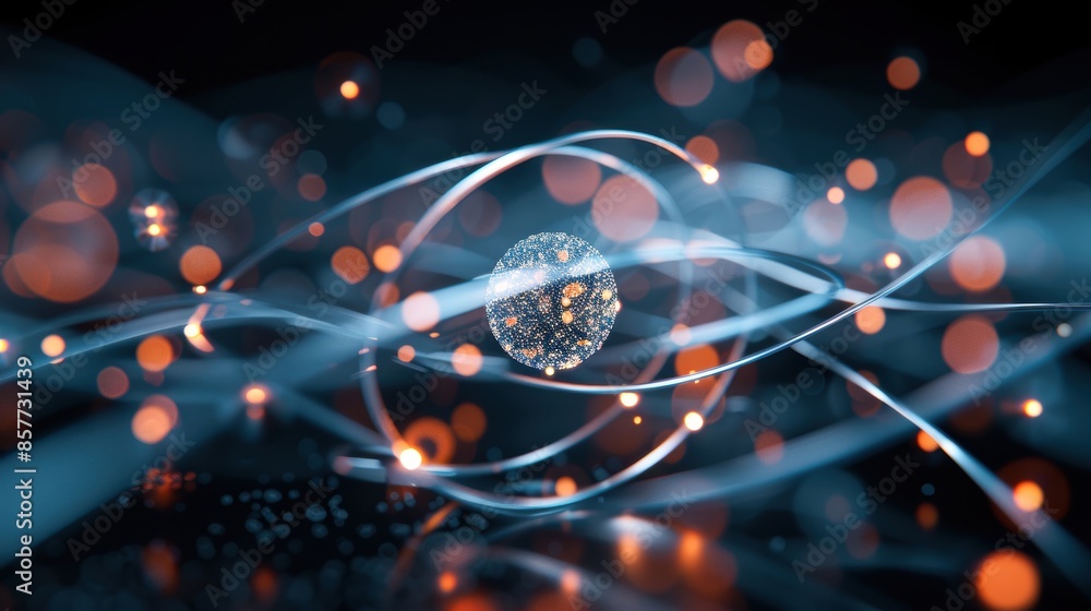 Holographic atomic model with glowing particles, illustrating ...