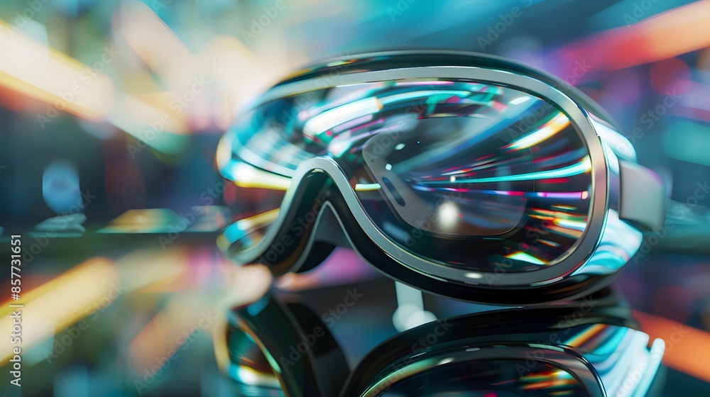 Creative composition of VR glasses on a reflective surface, with ...