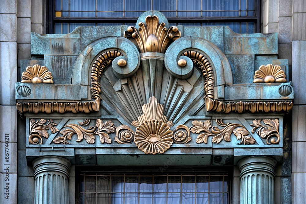 Ornate Architectural Facade Detail with Patina Green and Gold ...